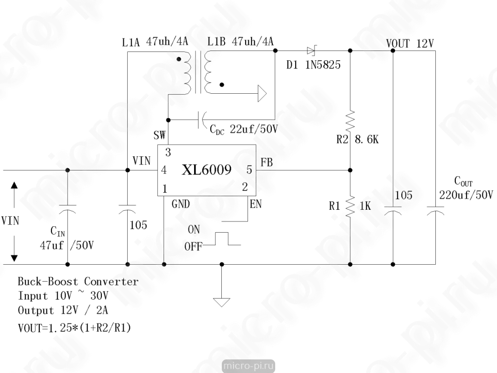 XL6009 - повышающий/понижающий DC-DC конвертер - MicroPi