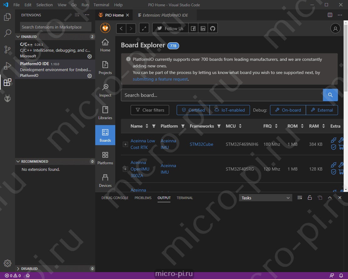 PlatformIO и Visual Studio Code для Arduino/ESP32/K210 - MicroPi