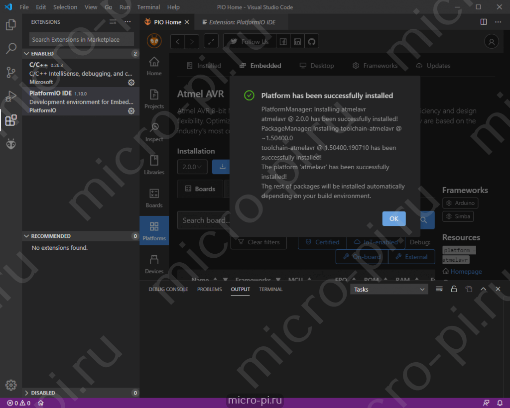 PlatformIO и Visual Studio Code для Arduino/ESP32/K210 - MicroPi