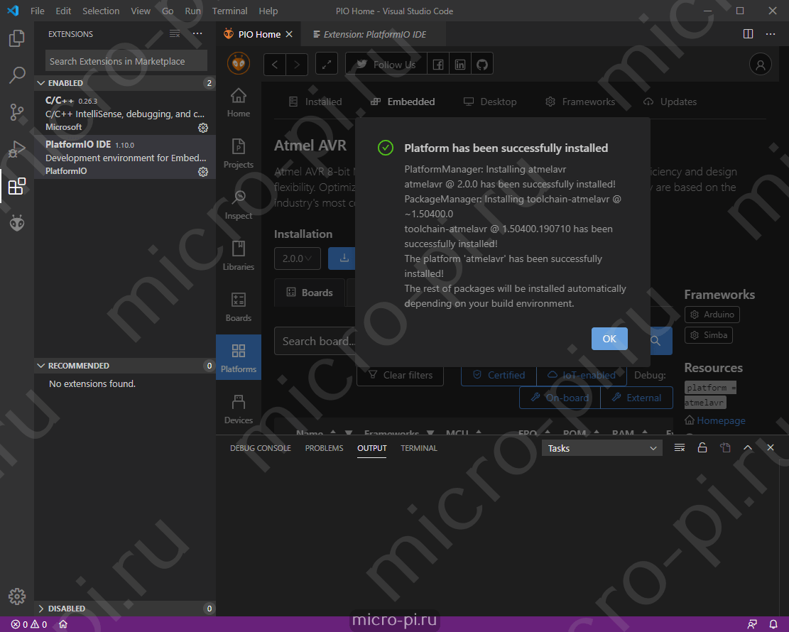 PlatformIO и Visual Studio Code для Arduino/ESP32/K210 - MicroPi