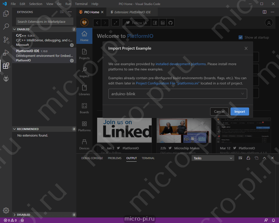 PlatformIO и Visual Studio Code для Arduino/ESP32/K210 - MicroPi